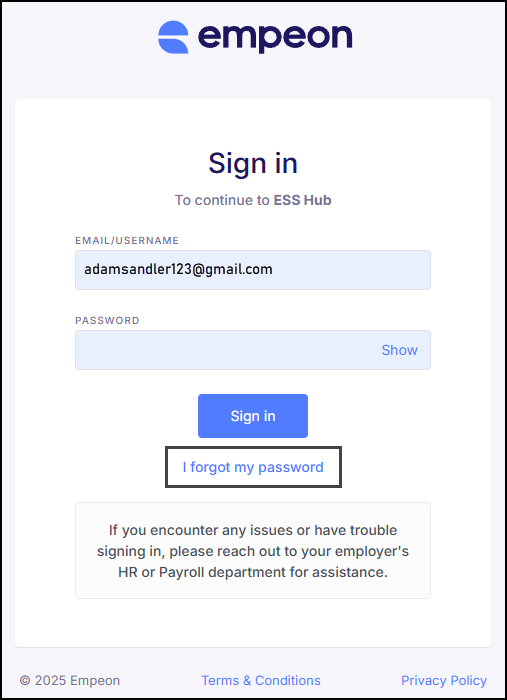 ESS Hub Password Reset